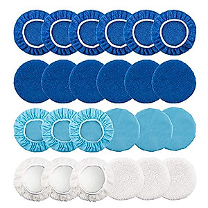 LUTER 5-6 Inch 24pcs Polishing Bonnet Pads Microfiber Wax Applicator Including 12 Packs Microfiber Waxing Bonnet 6 Packs Wool Buffing Pads 6 Packs Non-Woven Buffing Pad