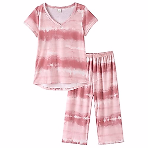 HONG HUI Women's Sleepwear Short Sleeve Top with Capri Pants Pajama Sets Comfy Pjs Sets Casual Loungewear Pink Medium