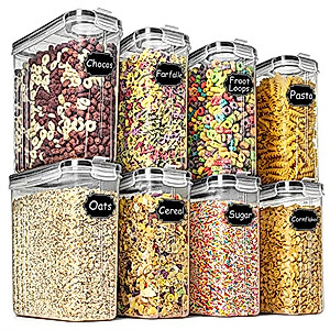 Cereal & Dry Food Storage Containers, Wildone Airtight Cereal Storage Containers Set of 8 [2.5L / 85.4oz] for Sugar, Flour, Snack, Baking Supplies, Leak-proof with Black Locking Lids