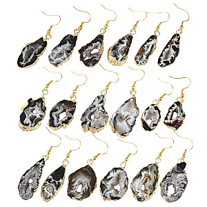 Nupuyai Natural Stone Drop Earrings for Women, Druzy Agate Geode Crystal Quartz Dangle Hook Earrings, Gold Plated, Pack of 2