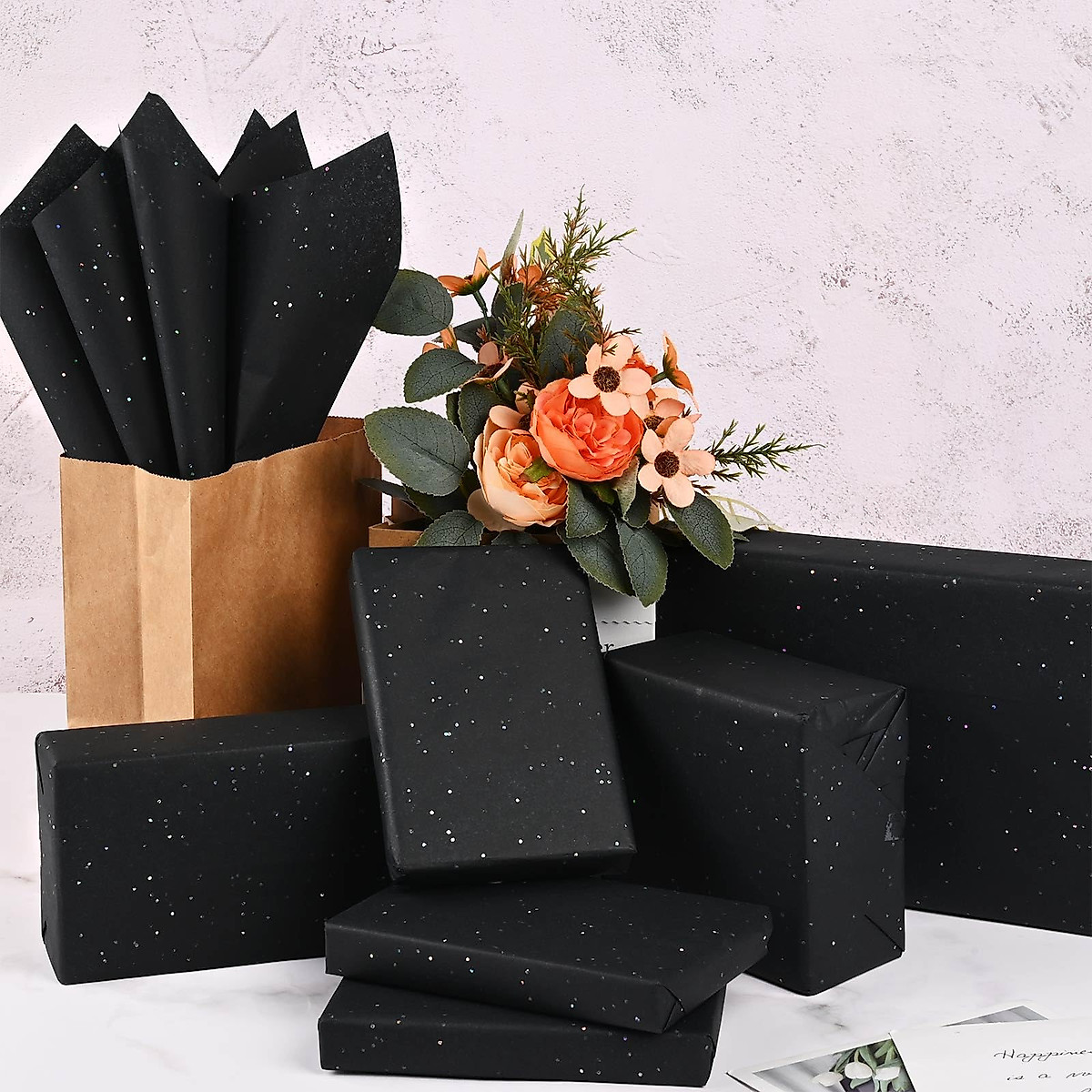 Bolsome 120 Sheets 20 * 14 Inches Black Glitter Tissue Paper for Gift Wrapping, Sparkle Tissue Paper for Gift Bags for Birthday Wedding Christmas DIY Crafts