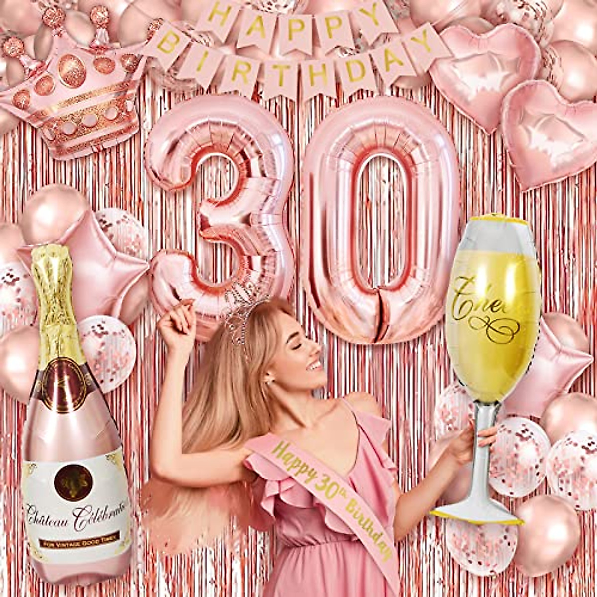 30th Birthday Decorations for Women, Rose Gold 30 Birthday Decorations for Her, Including Happy Birthday Sash, Crown, Banner, Foil Backdrops, Rosegold Balloons for 30th Birthday Party Supplies