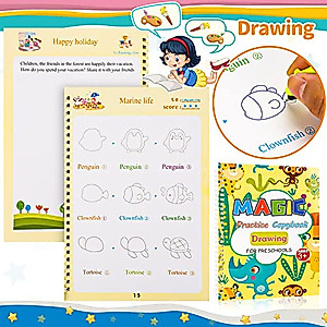 4Pcs Large Magic Practice Copybook for Kids, Handwriting Practice Book for Kids, Magic Ink Print Handwriting Workbook with 1 Pen + 8 Refills + 1 Grip for Beginners, Preschoolers & Kindergarten Kids