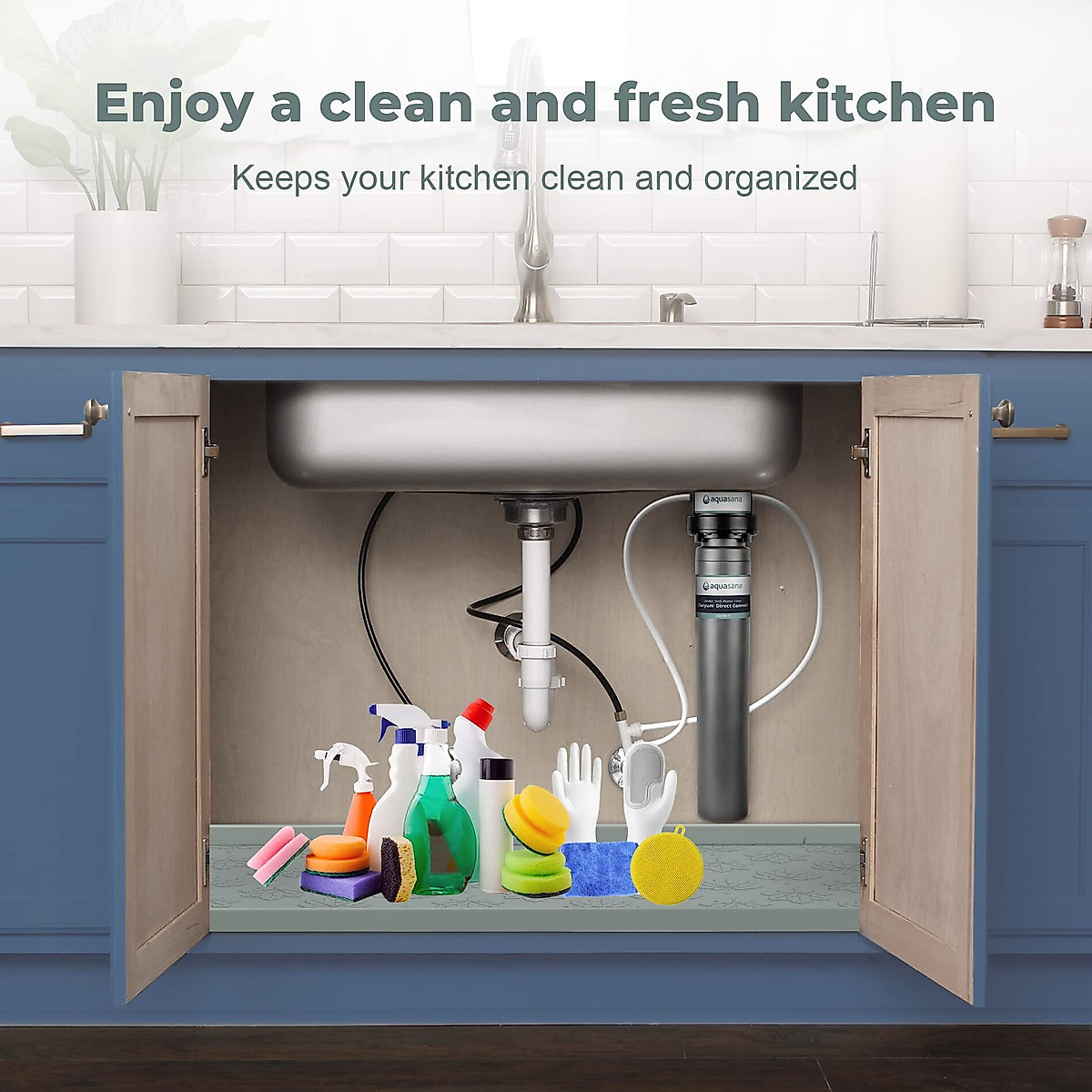 LPYFRG Under Sink Mats for Kitchen Waterproof, 34" X 22" Under Sink Liner, Under Sink Tray with Clean Brush, Kitchen and Bathroom Cabinet Flexible Silicone Sink Mat for Drips Leaks Spills (Grey)