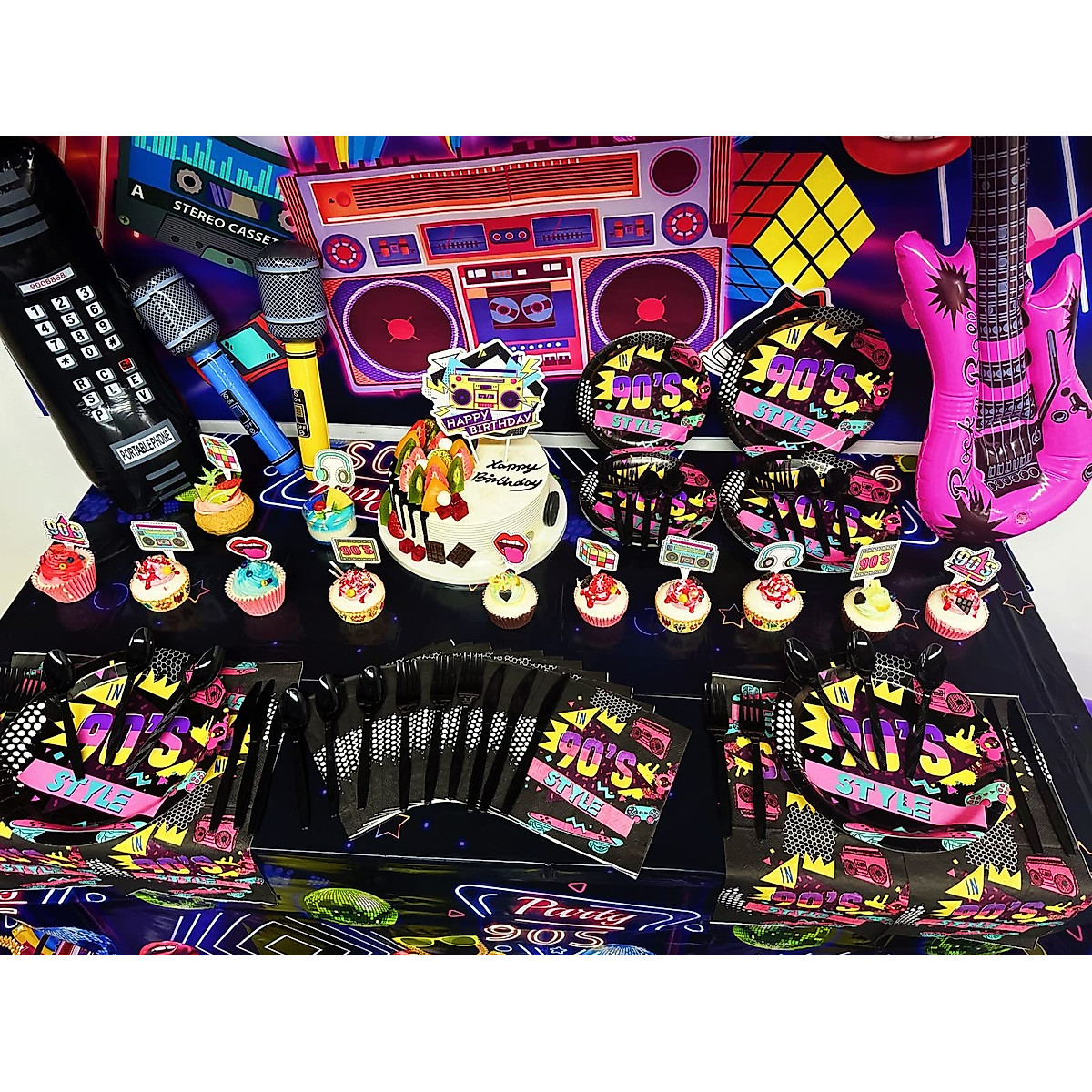 HJINGY 90s Party Decorations 80's 90's Theme Party Bundle includes Inflatable Gitar&Mobile Phone, Back To The 90's Banner, Tablecloth, Cake Toppers, Plates, Napkins, Hip-Hop Backdrop