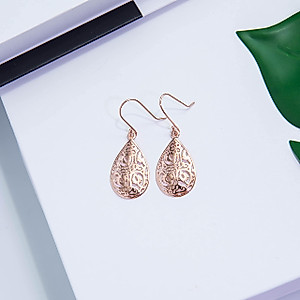 Rose Gold Flashed Sterling Silver Filigree Teardrop Drop Dangle Earrings for Women