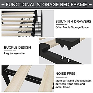 Osfvolr Queen Bed Frame, Modern Upholstered Platform Bed with 4 Storage Drawers, Modern Diamond Stitched Button Tufted Design Fabric Bedframe with Adjustable Headboard, Mattress Foundation, Dark Grey