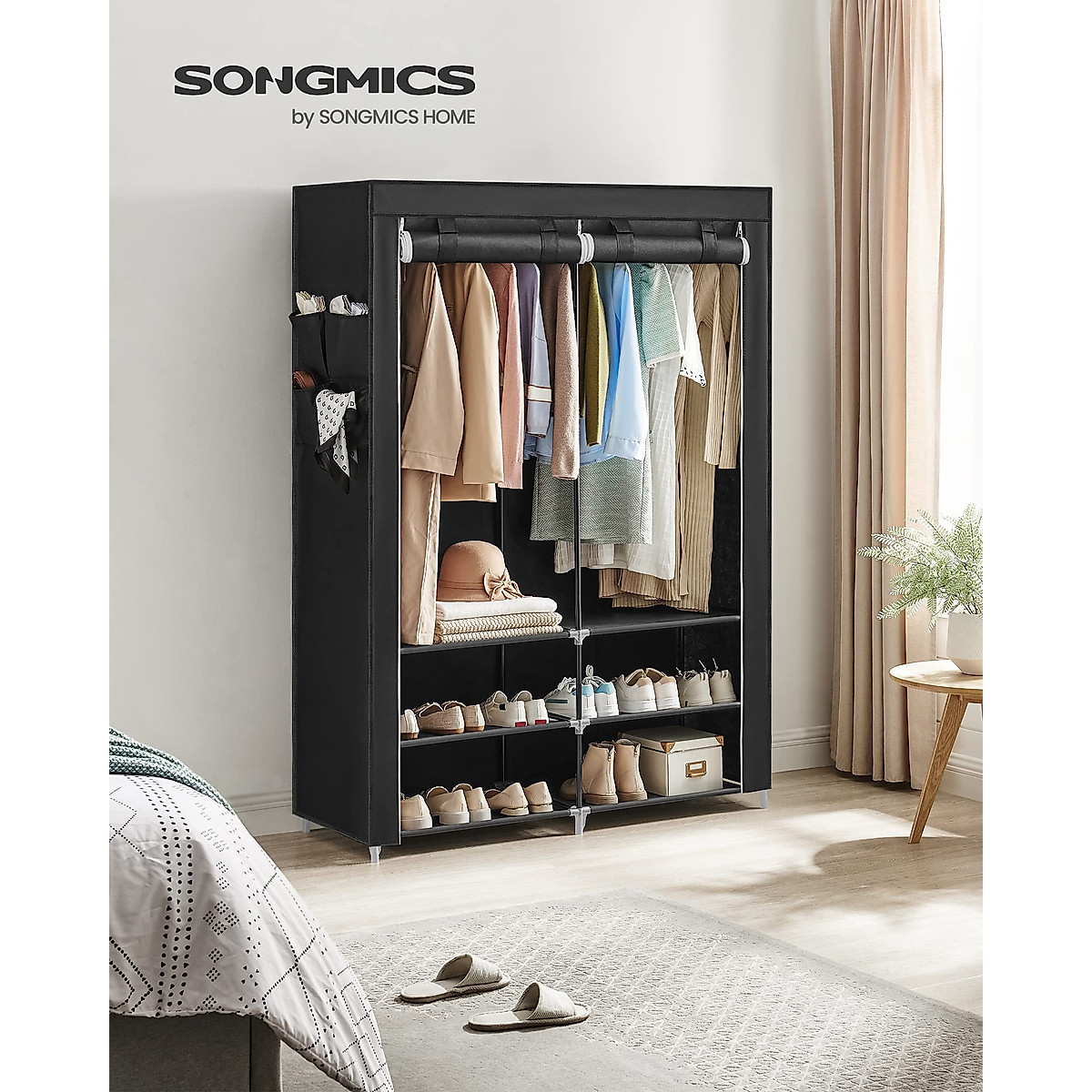 SONGMICS Portable Closet Wardrobe with Shoe Rack and Cover, Closet Storage Organizer, 2 Hanging Rods, Shelves, and 4 Side Pockets, 50 x 17.7 x 69.3 Inches, Spacious for Bedroom, Black URYG008B02