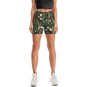 Green Flower Mushroom Daisy Camouflage Floral Women's High Waist Bike Shorts for Workout Sports Athletic Running Hiking Biker Yoga Gym XL Size
