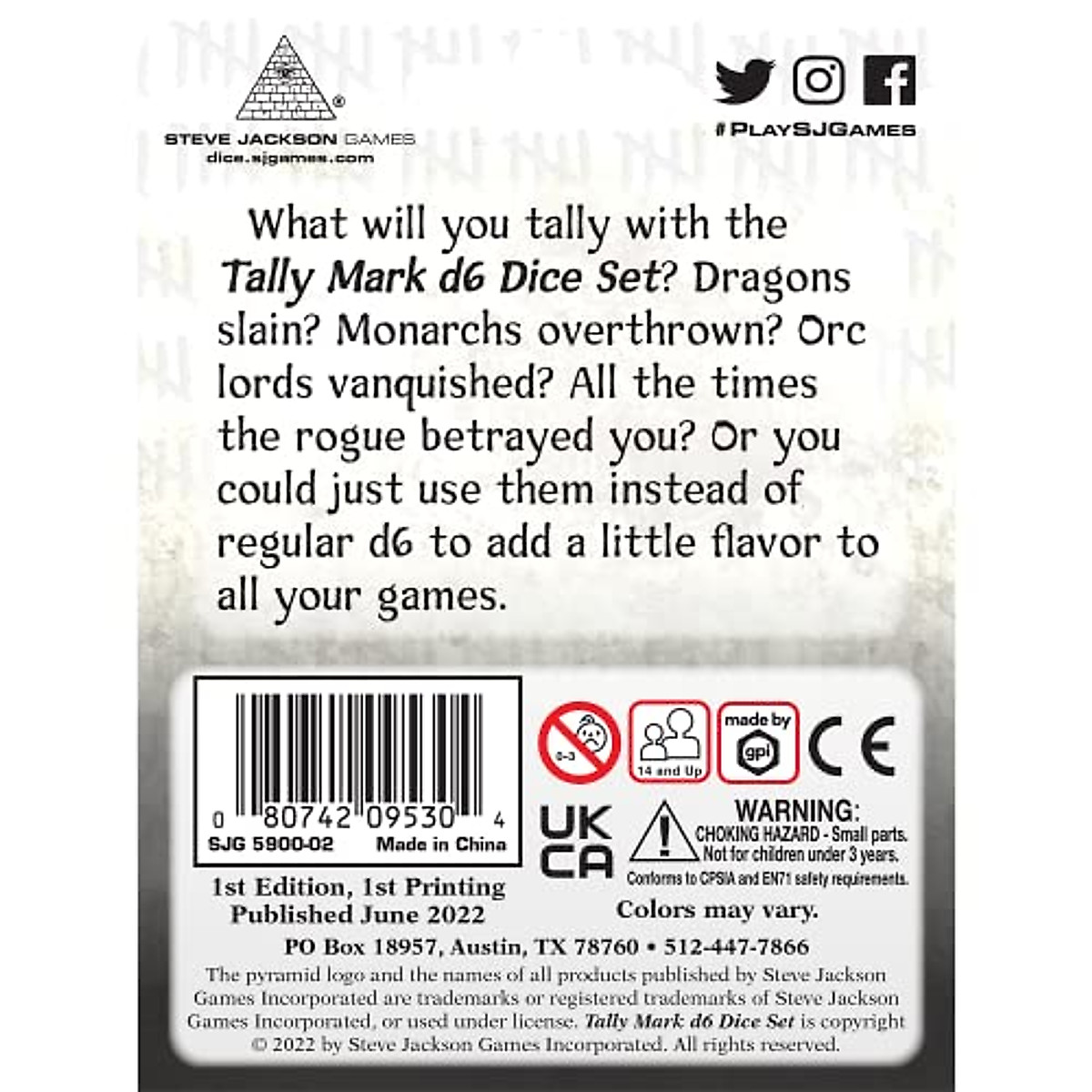 Steve Jackson Games Tally Mark D6 Dice Set, Off White