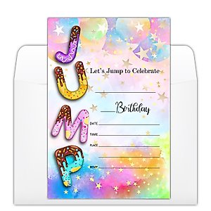 YUEXLL Jumping Birthday Party Invitations Cards with Envelopes, Candy Chocolate Pink Stars Party Invitations, Birthday Celebration Supplies, Double-sided Fill-in bday Invites for Boys Girls- A22