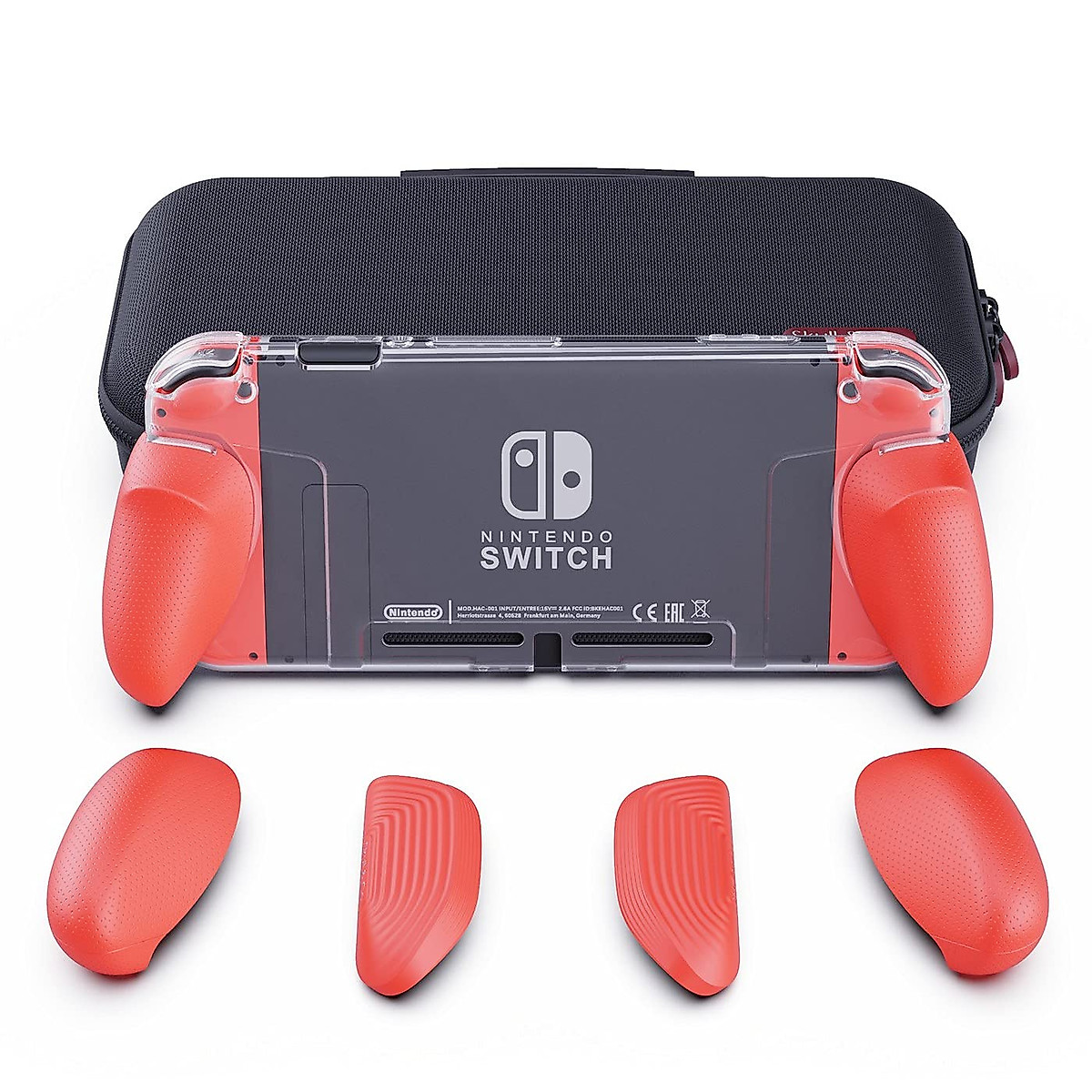 Skull & Co. GripCase Crystal Bundle: A Dockable Transparent Protective Cover Case with Replaceable Grips [to fit All Hands Sizes] for Nintendo Switch -Double Neon Red