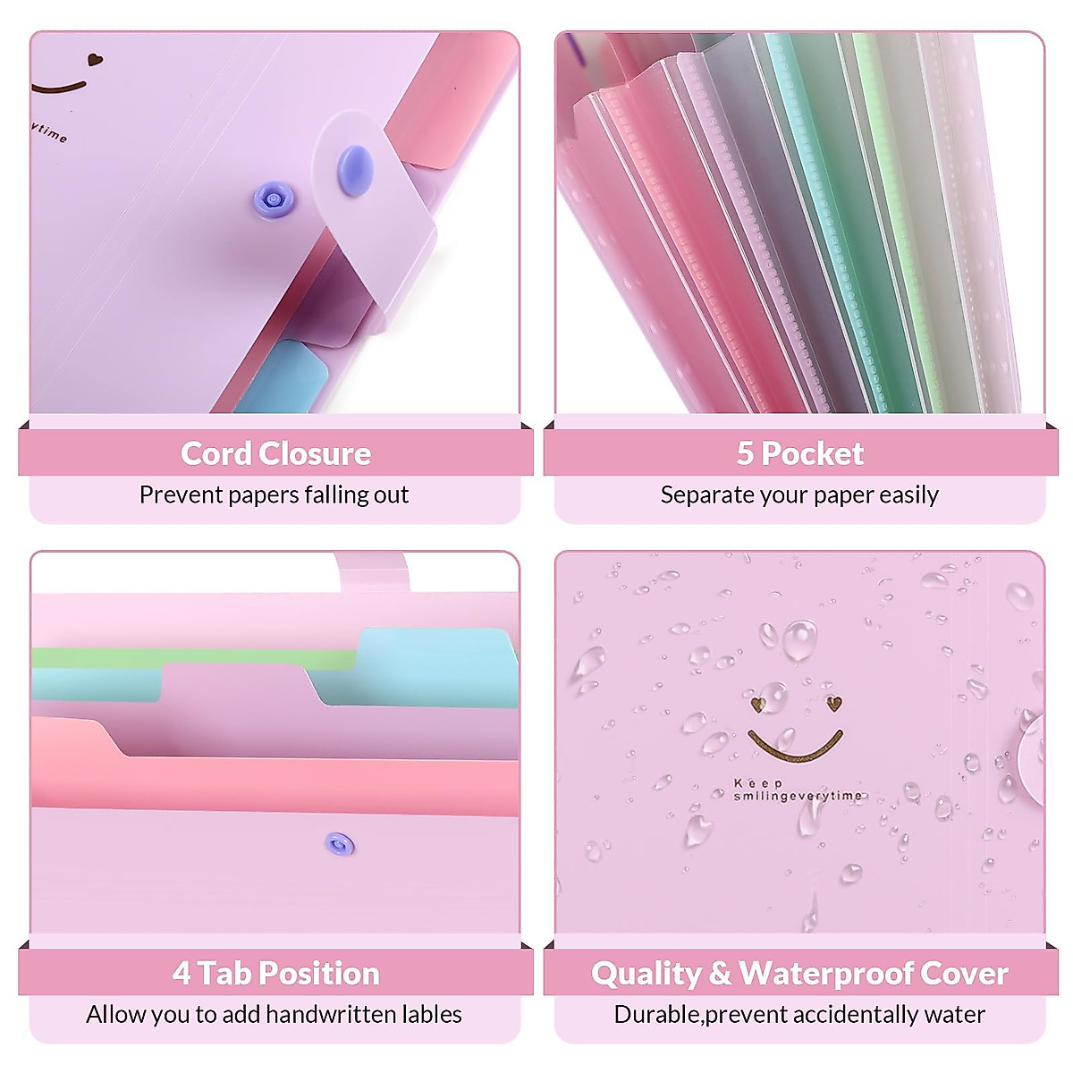 SKYDUE Expanding File Folder with 5 Pockets, Cute Accordion File Organizer, Letter Size Filing Folder, Portable Paper Receipt Organizer, School Office Supplies Purple