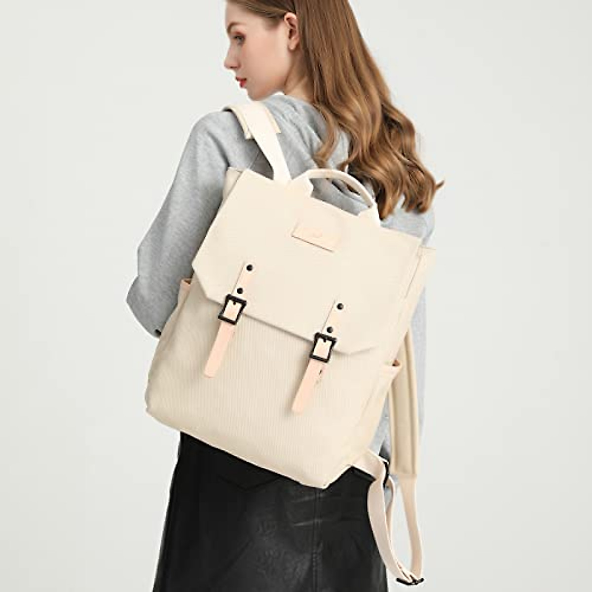 NOL Natural Organic Lifestyle Classic Casual Daypack Backpacks Durable Cotton Leather Vintage Rucksack fit 14 Inch Laptop Bag (Beige)