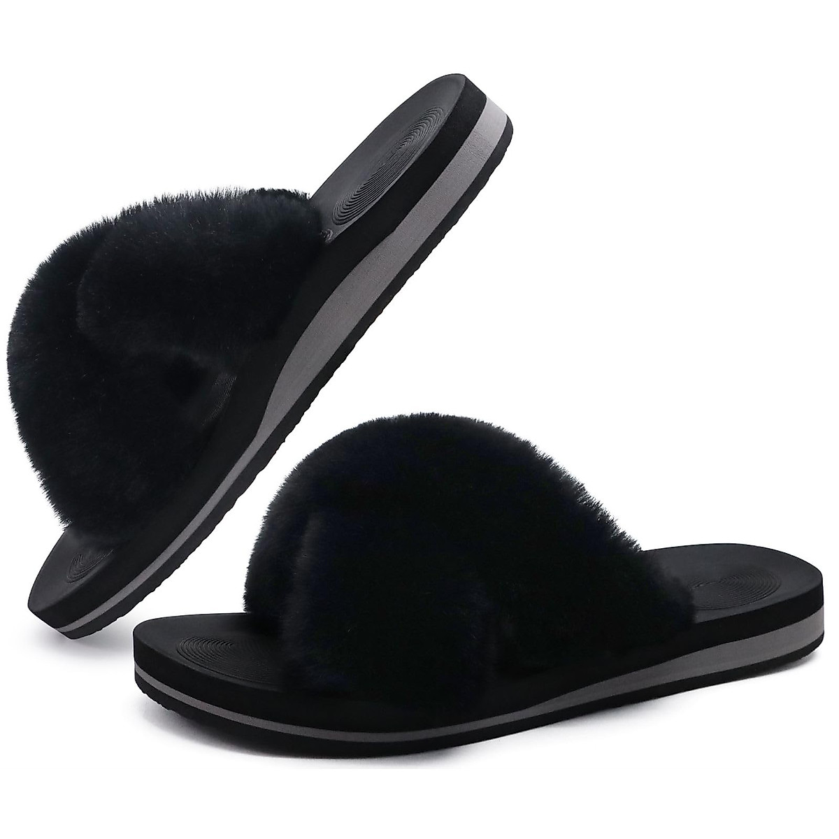 COFACE Womens Fuzzy Slides Fluff Fax Fur Cross Slippers Open Toe Yoga Mat House Slippers Sandals With Arch Support For Indoor/Outdoor