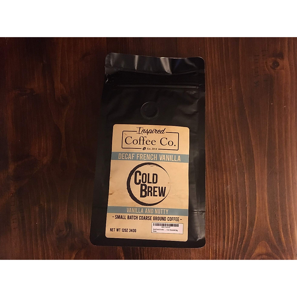 Decaf French Vanilla - Flavored Cold Brew Coffee - Inspired Coffee Co. - Swiss Water Process - Coarse Ground Coffee - 12 oz. Resealable Bag, Blue and Black