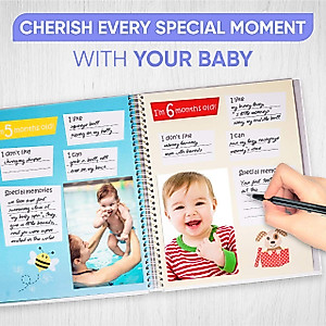 Baby Memory Book + Clean-Touch Ink Pad + 28 Monthly & Milestone Stickers. The Perfect Newborn Bundle for A New Mom by Tiny Gifts
