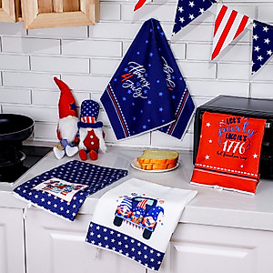 Geyoga 4 Pcs 4th of July Kitchen Dish Towel American Flag Hand Towel Patriotic Star Stripe Decorative Dishcloth White Blue Red Dish Towels for Memorial Independence Day (Bright Color,Gnome Truck)