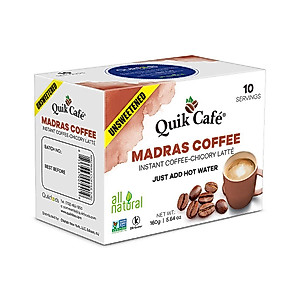 Quik Café Unsweetened Madras Coffee - 10 Count - All Natural Preservative Free Authentic Instant Coffee Latte