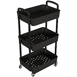 Laiensia 3-Tier Storage Cart,Multifunction Utility Rolling Cart Kitchen Storage Organizer,Mobile Shelving Unit Cart with Lockable Wheels for Bathroom,Laundry,Living Room,With Classified Stickers,Black
