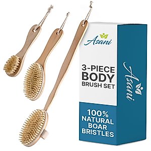 Asani Dry Brushing Body Brush Set for Lymphatic Drainage & Cellulite - 3-Pcs Detachable Back, Contour Body & Face Brushes Organic Gift for Dry Skin, Exfoliation, Invigorating Showers
