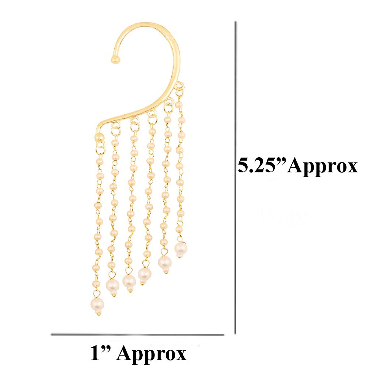 Touchstone Indian bollywood innovative ear shape lucrative look faux pearls hangings long bridal chandelier designer jewelry earrings for women in gold tone.