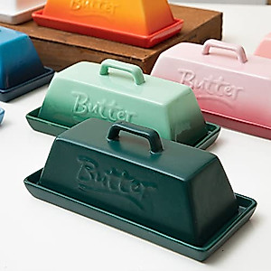 Porcelain Butter Dish with Lid, Candiicap Classic Matte Butter Keeper for Countertop, Large Butter Holder for Butter Storage, Dishwasher Safe (Matte Green)