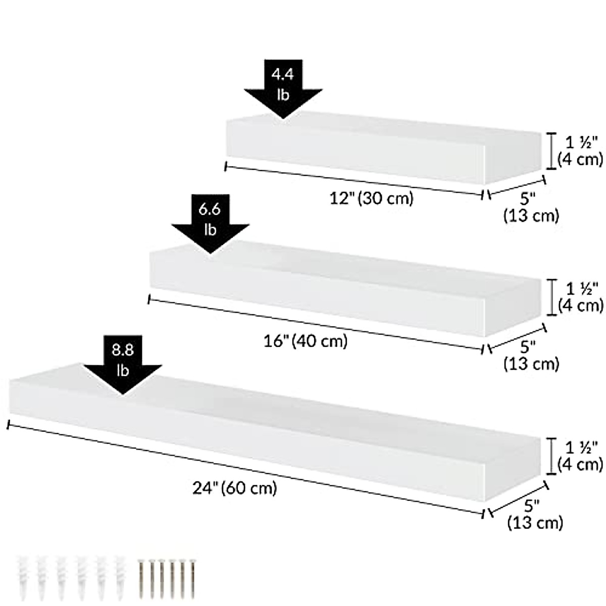 Ballucci Modern Floating Shelves for Wall, Set of 3 Wood Wall Mount Ledges for Living Room, Bedroom, Nursery, Bathroom, Kitchen, 12", 16", 24" - White