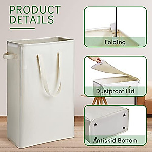 2 Pcs 60L Slim Laundry Hamper with Lid Narrow Laundry Basket with Handle Collapsible Thin Dirty Clothes Basket Bag Portable Skinny Hamper Organizer Storage Bins, 25.6 Inches, Beige