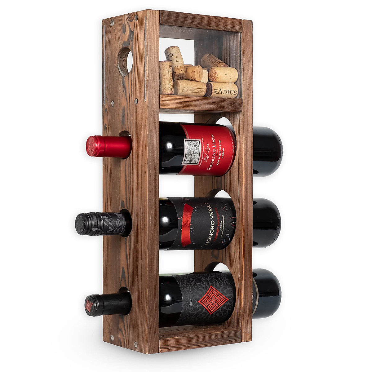 Rustic State Sonoma Countertop Wood Vertical Wine Rack with Cork Storage - Freestanding Tabletop Liquor Holder Shelf Organizer - Holds 3 Bottles - Home Kitchen Dining Room Bar Décor - Burnt Brown