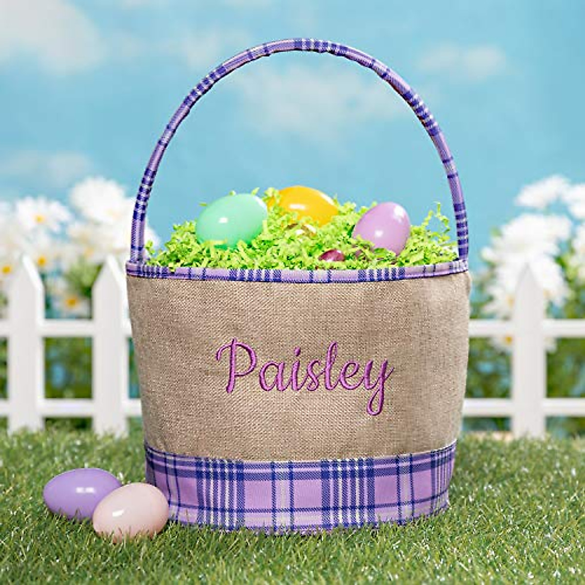 Personalized Easter Bucket Bag with Custom Cursive Name | Purple Plaid Burlap Easter Bag with Handle | Egg Basket for Kids | Customized Easter Basket | Great for Book and Toy Storage