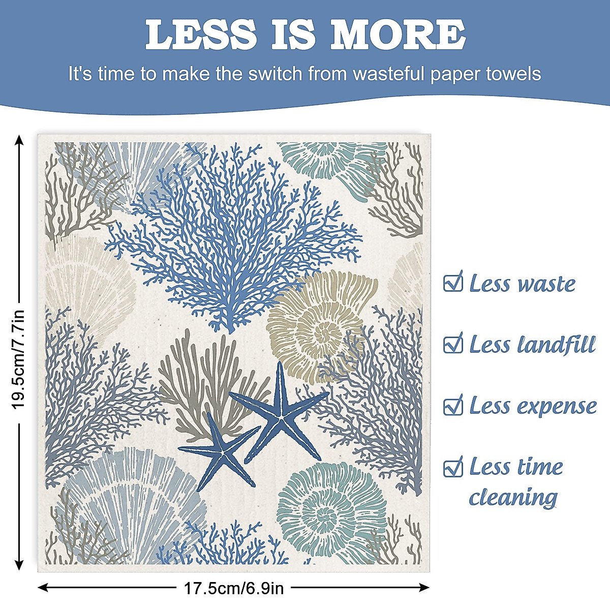 AnyDesign Ocean Swedish Kitchen Dishcloths Under The Sea Kitchen Dish Towel Reusable Seashell Starfish Coral Absorbent Cotton Dish Cloth for Summer Beach Party Cleaning Housewarming, 7 x 8, 4Pcs