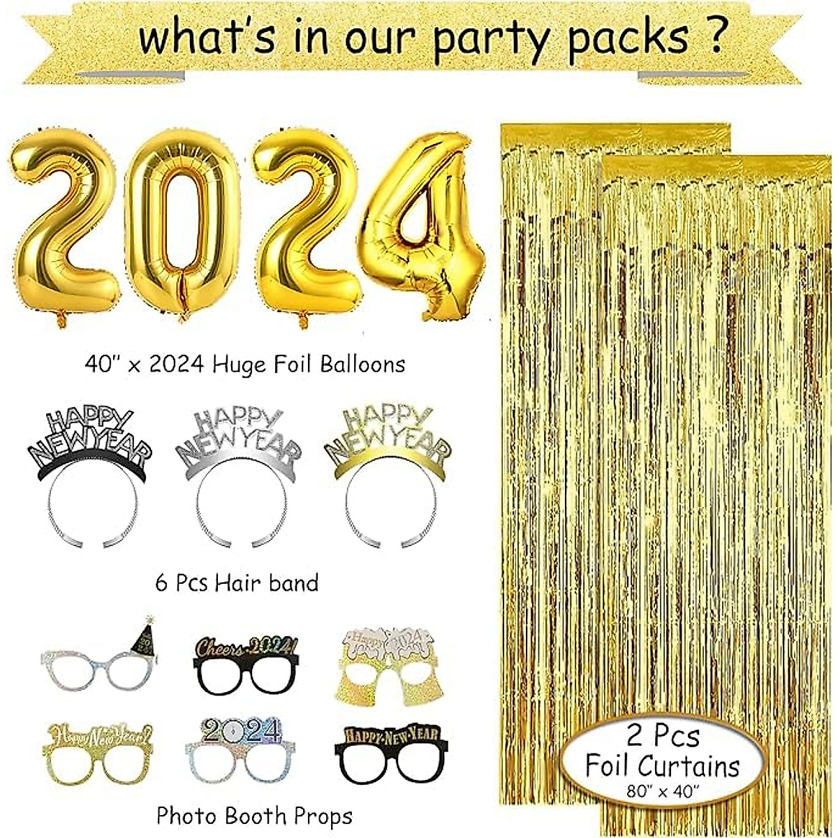 2024 Happy New Year Party Supplies, Foil Balloons Set, Happy New Year Banner, Latex Balloons, Curtains, Paper Pompoms for Home Outdoor Decor New Years Eve Party Supplies 2024, Black and Gold