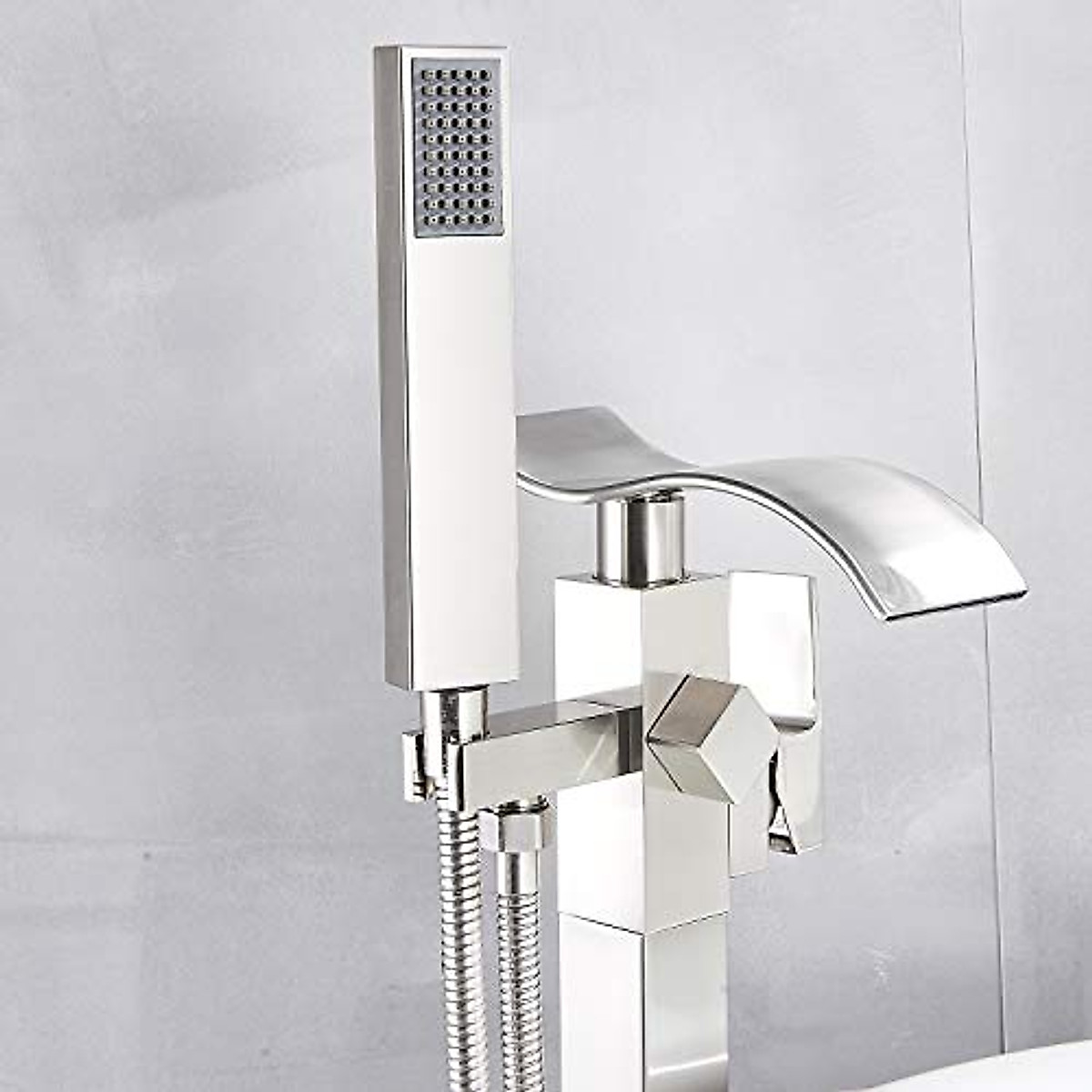 Senlesen Barthroom Tub Filler Faucet Floor Mounted Bathtub Shower Faucet Waterfall Spout Free Standing Tub Mixer Tap with Handheld Sprayer Brushed Nickel