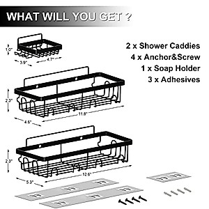 AilyHooms Shower Caddy Bathroom Shower Organizer - 3 Pack Adhesive Shower Shelves With 18 Hooks - No Drilling Wall Mounted Shower Storage Stainless Steel Rustproof Basket Rack for Bathroom Kitchen