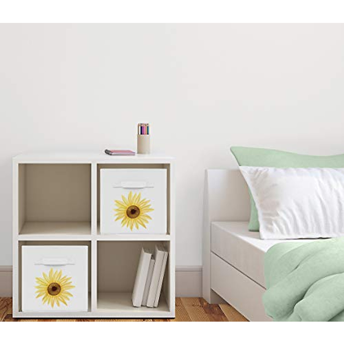 Sweet Jojo Designs Yellow, Green and White Sunflower Boho Floral Foldable Fabric Storage Cube Bins Boxes Organizer Toys Kids Baby Childrens - Set of 2 - Farmhouse Watercolor Flower