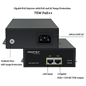 PROCET PoE Iniector 75W Active PoE++ Industrial Grade Gigabit PoE Power Injector, 6KV Surge Protection, -40°F to 149°F for PTZ Camera, Wireless AP, PoS System, Kiosks, PT-PSE107GHRO-A