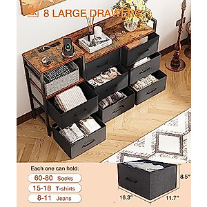 ODK Dresser with Charging Station, Wide Dresser 52'' Long Dresser for Bedroom Dresser with 8 Drawers, Chest of Drawers Easy-Pull Fabric Dressers for Closet, Living Room, Hallway, Vintage and Black