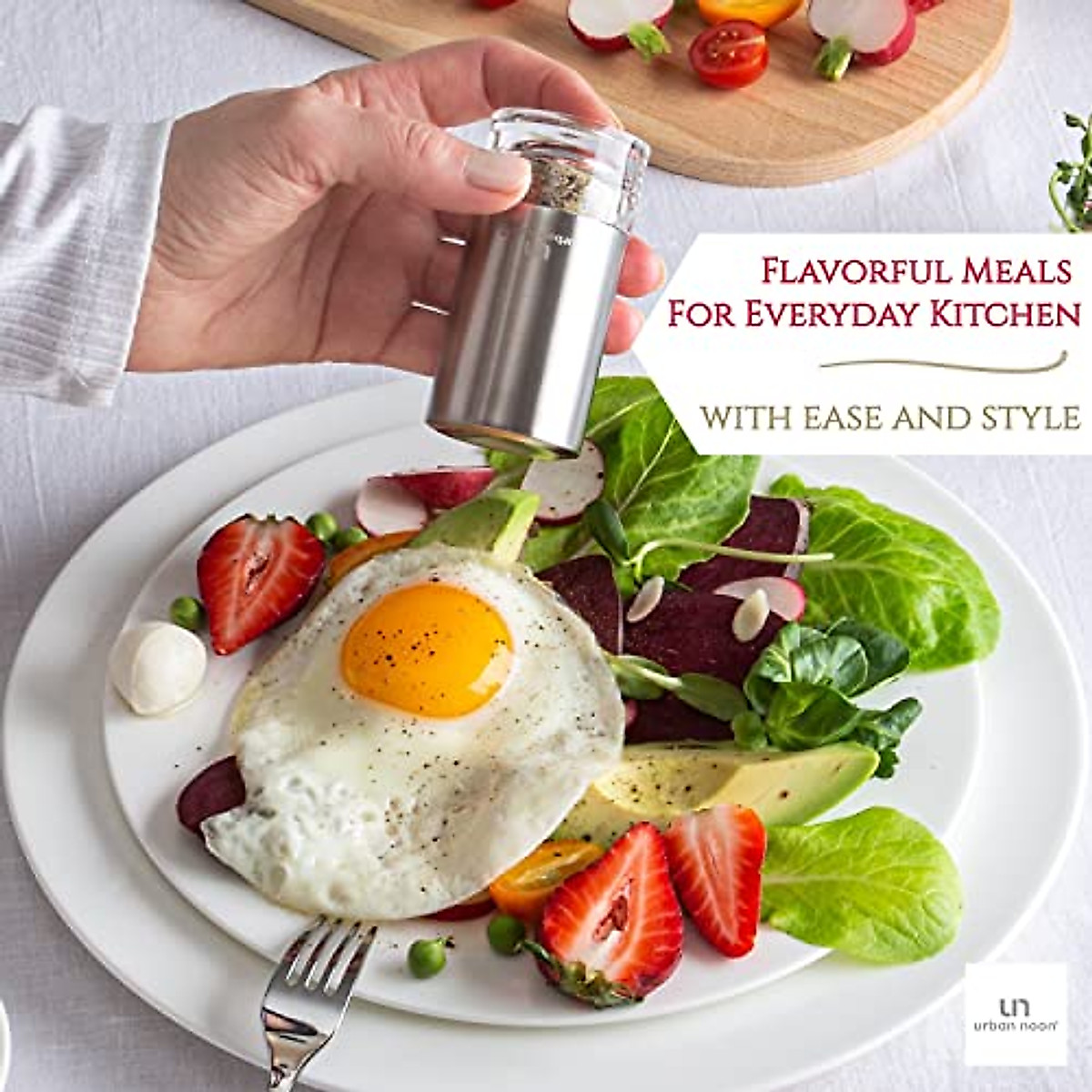 Salt and Pepper Shakers with Holder - Elegant Stainless Steel Shaker Set by urban noon