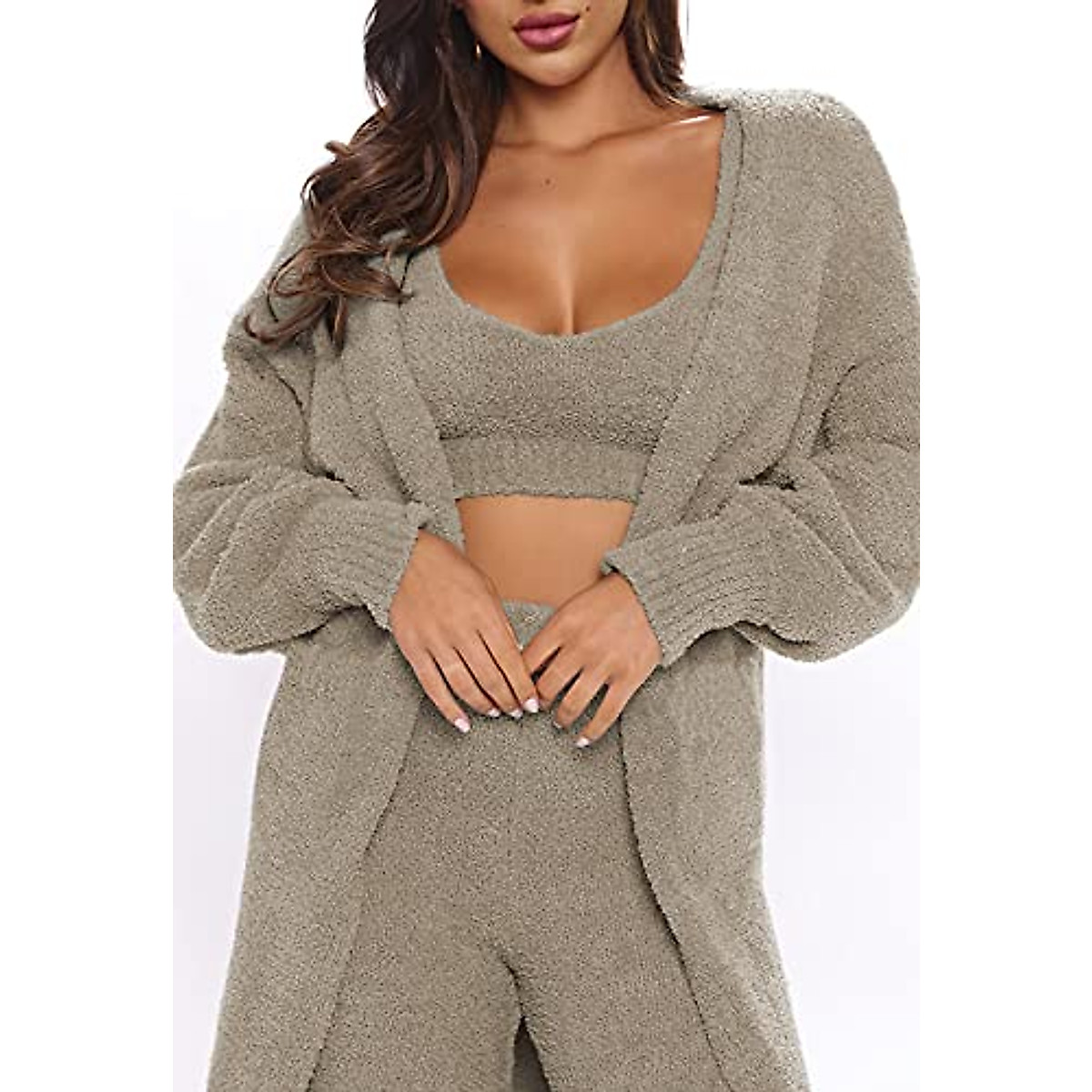 Fixmatti Fuzzy 3 Piece Legging Set for Women Open Front Cardigan Cropped Tops Long Pant Suit Khaki S