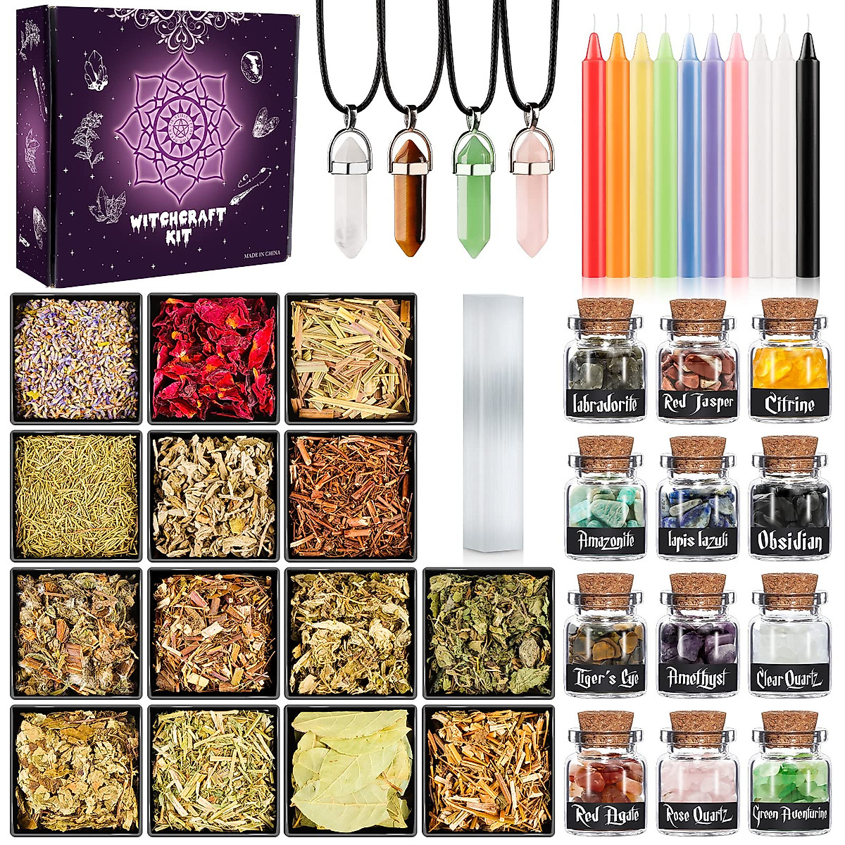 WELLPICK 41PCS Witchcraft Supplies Kit Box for Witch - Crystals Spell Jars for Witches - Herbs for Witchcraft - Spell Candles and Pendulum for Wiccan - Witchy Gift for Women (41PCS)