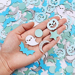 200PCS Boys Party Confetti Star Confetti for Table Blue Teal White Table Scatter Confetti with Ghost Moon Bat Pumpkin Star Circle Dots for Kids’ Halloween Theme Birthday Party Baby Shower
