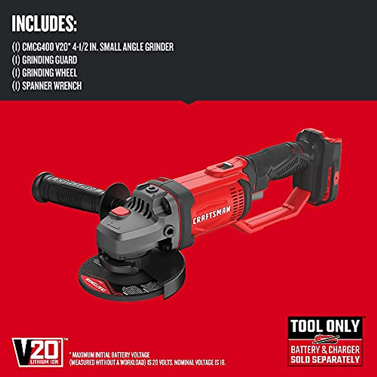 Craftsman V20 Angle Grinder, Small, 4-1/2-Inch with Battery Kit, Charger Included, 4.0-Ah (CMCG400B & CMCB204-CK)