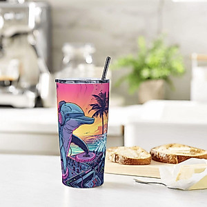 Buewutiry Hip-Hop DJ Dolphin Tumbler with Lid and Straw, Cute 20 Oz Stainless Steel Insulated Tumbler Water Bottle Cup, Travel Coffee Mug Personalized Tumbler