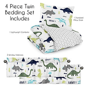Navy Blue and Green Modern Dinosaur Boys or Girls 4 Piece Kids Teen Twin Bedding Set Collection