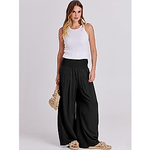 ANRABESS Women Linen Palazzo Pants Summer Boho Wide Leg High Waist Casual Lounge Pant 2024 Beach Travel Vacation Outfits Black Medium