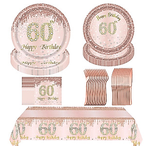 Rose Gold Birthday Party Supplies,Disposable Party Tableware Sets - 60 Years Paper Plates,Napkins,Plastic Forks Knives,Tablecloths,60th Birthday Decorations for Women,24 Guests