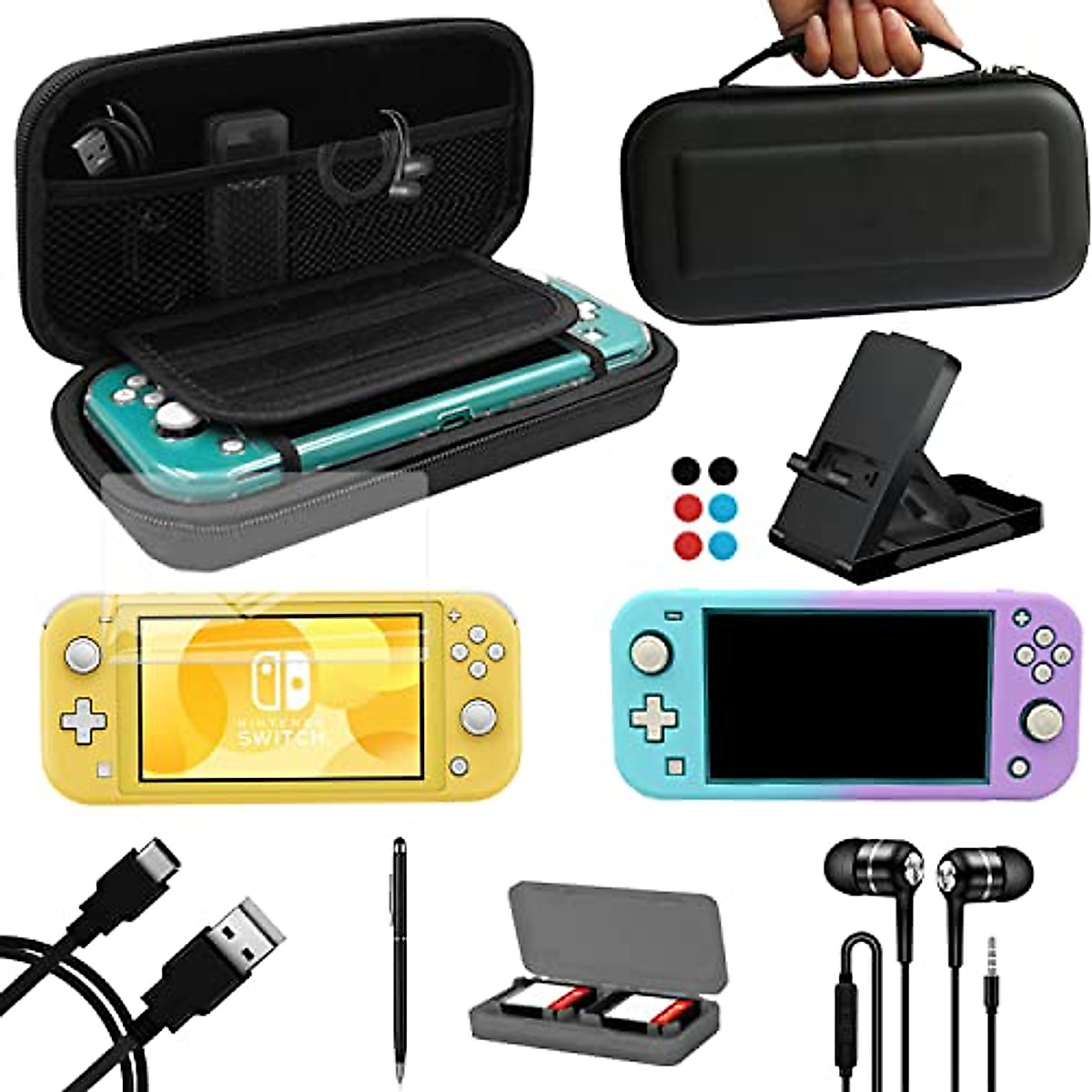 ANSIPPF Nintendo Switch Lite Accessories Bundle 9-in-1, Carrying Case, Grip Protective Cover/Joy-Con/Card Case, Screen Protector, Stylus, Headphone, Playstand, Cable & More Value
