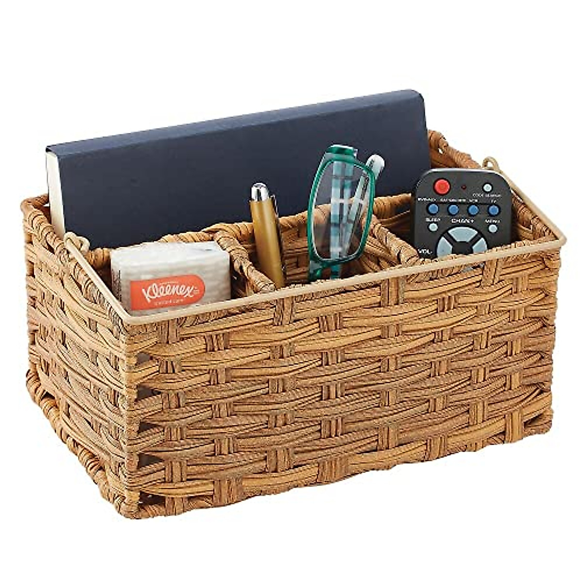 mDesign Plastic Woven Divided Cutlery Storage Organizer Caddy Tote; Basket Holder for Kitchen Table, Cabinet, Pantry - Holds Silverware, Forks, Knives, Spoons, Napkins and other Utensils - Camel Brown