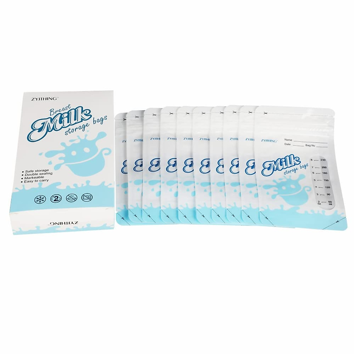 Breast milk storage bags, 100count/1Pack,7-8 ounces, liquid food bag, Breast milk storage bags freezer;breast feeding，Double-layer self-sealing, flat, upright after filling.